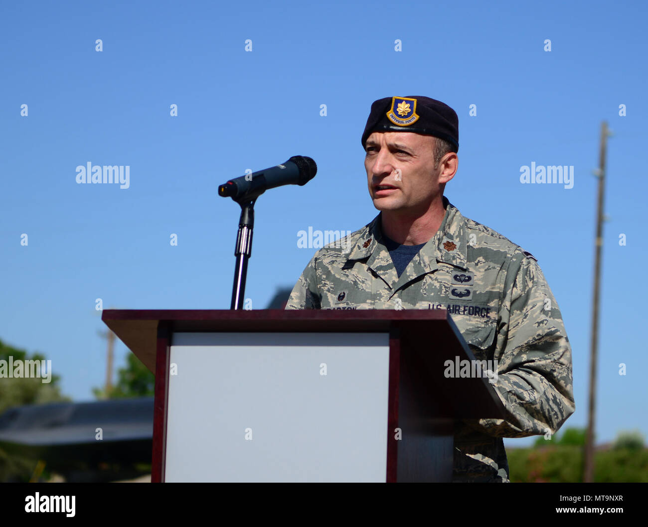 Maj. Ryan Barton, 9th Security Forces Squadron commander, speaks during ...