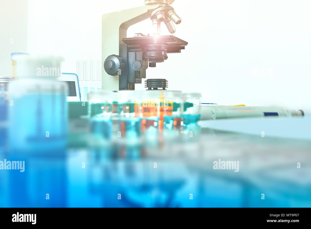 Scientific background with light microscope and histological samples on ...