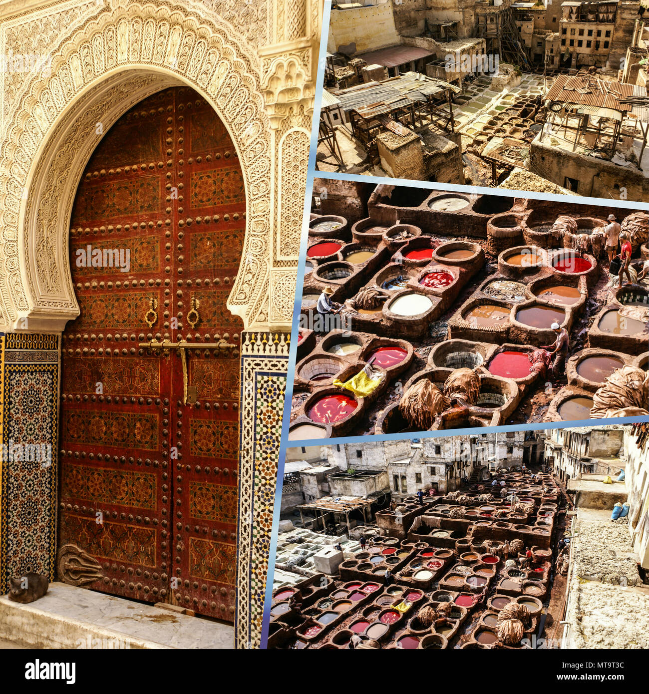 Collage of Fes traditional processing leather tannery in Morocco Stock ...