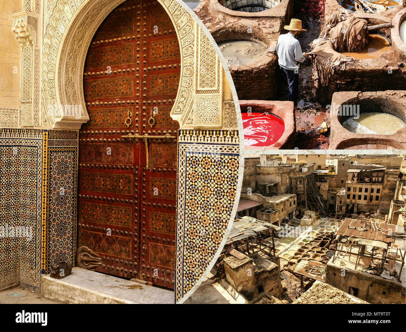 Collage of Fes traditional processing leather tannery in Morocco Stock ...