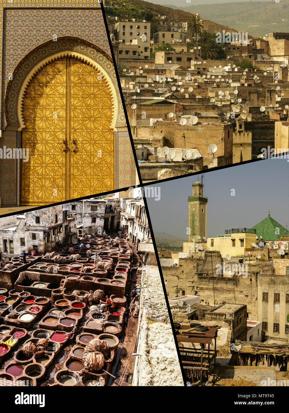 Collage of Fes traditional processing leather tannery in Morocco Stock ...