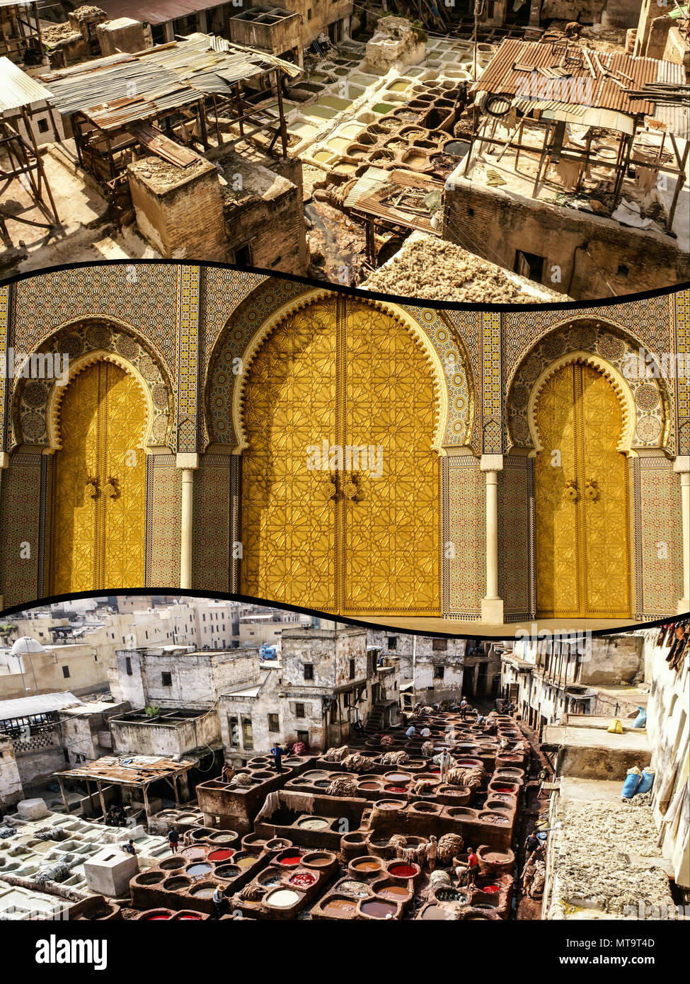Collage of Fes traditional processing leather tannery in Morocco Stock ...