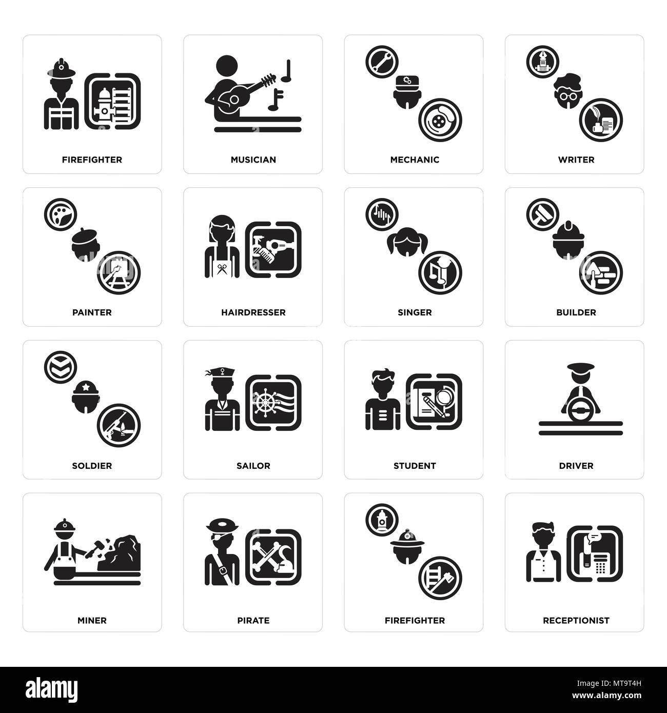 Set Of 16 simple editable icons such as Receptionist, Firefighter ...