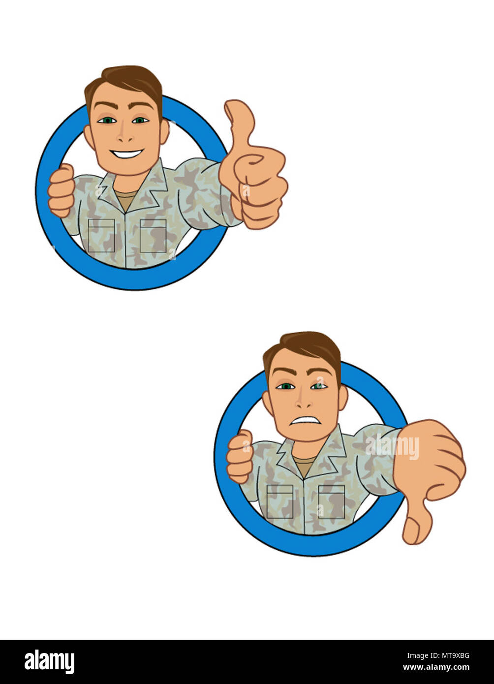 Depicts a smiling airman giving the Thumbs Up sign and a frowning ...