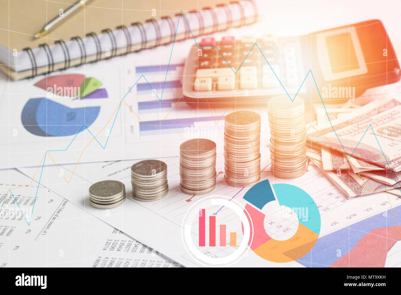pile coin money with account book finance and banking for background ...