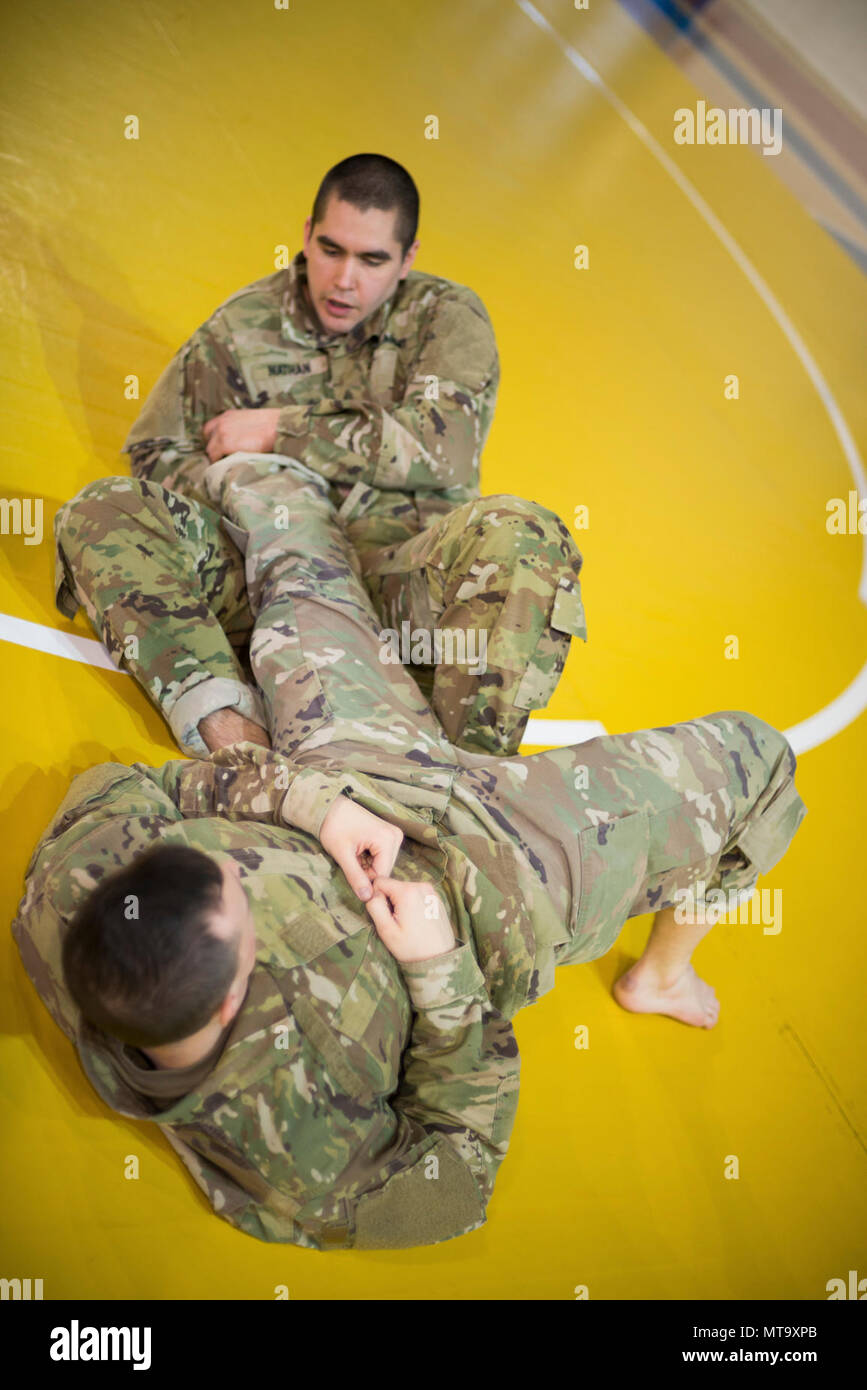 U.S. Army Sgt. Christopher Nathan (left), executes a leg lock on Spc ...