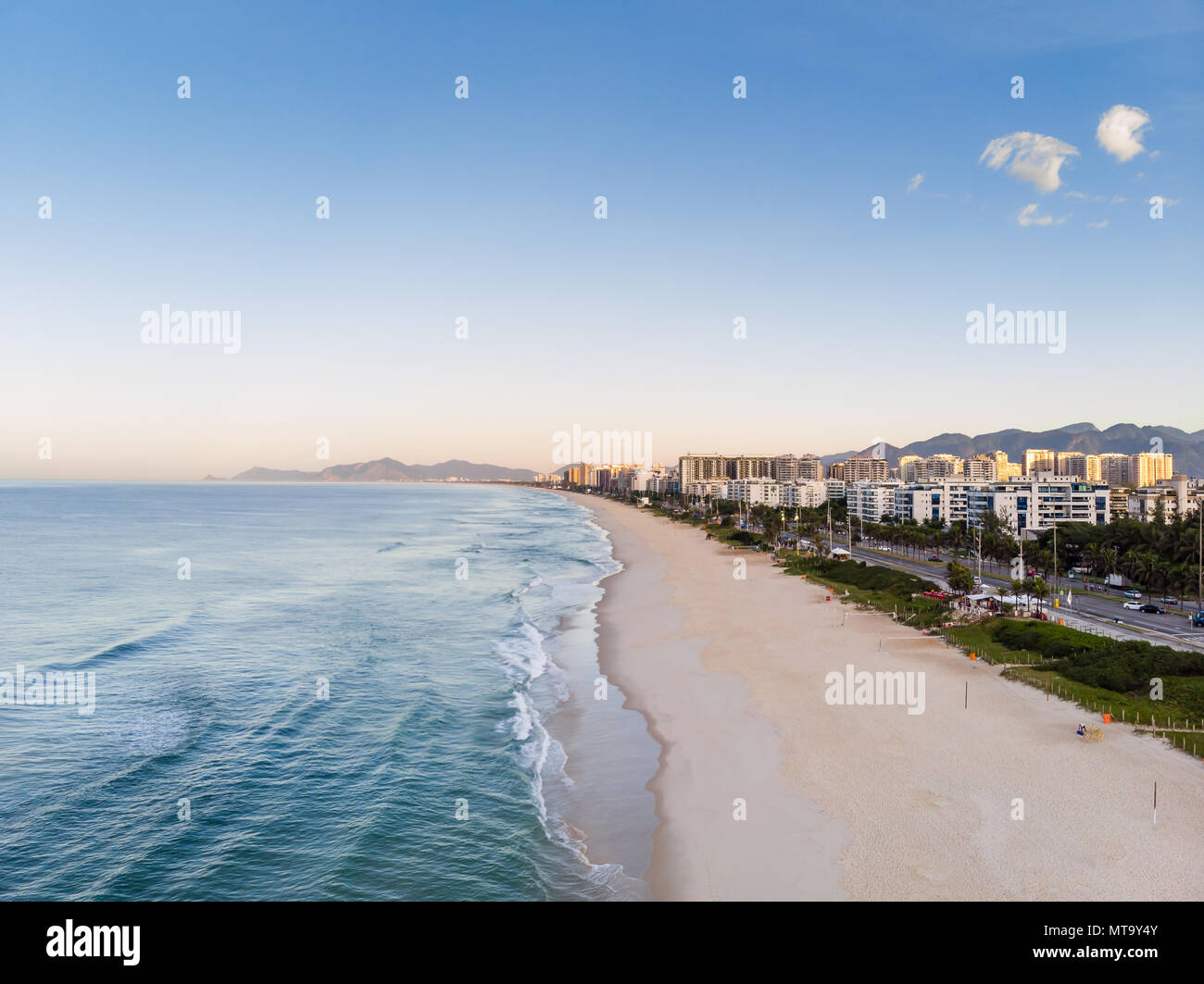 Drone photo of sunrise in Barra da Tijuca beach and boardwalk ...