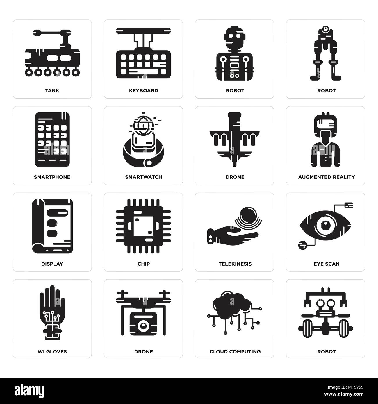 Set Of 16 simple editable icons such as Robot, Cloud computing, Drone ...