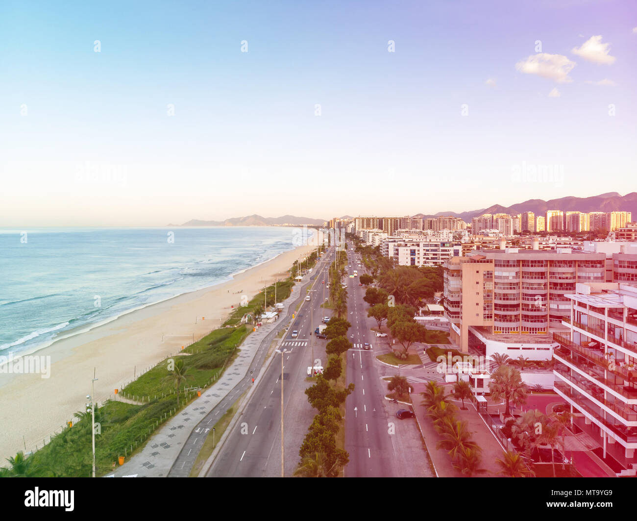 Drone photo of sunrise in Barra da Tijuca beach and boardwalk ...