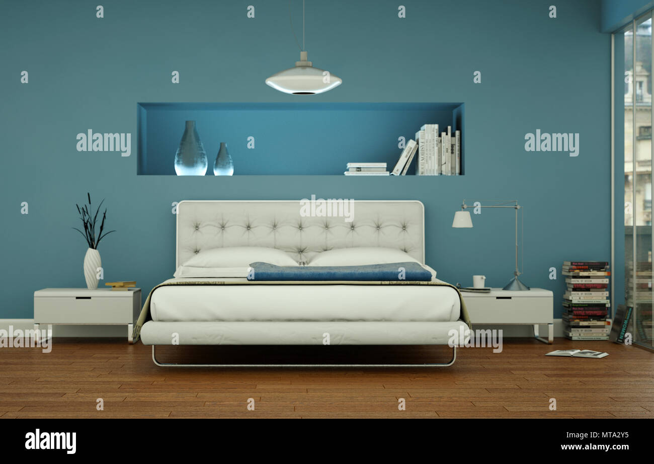 modern bedroom with blue wall and modern decor Stock Photo - Alamy