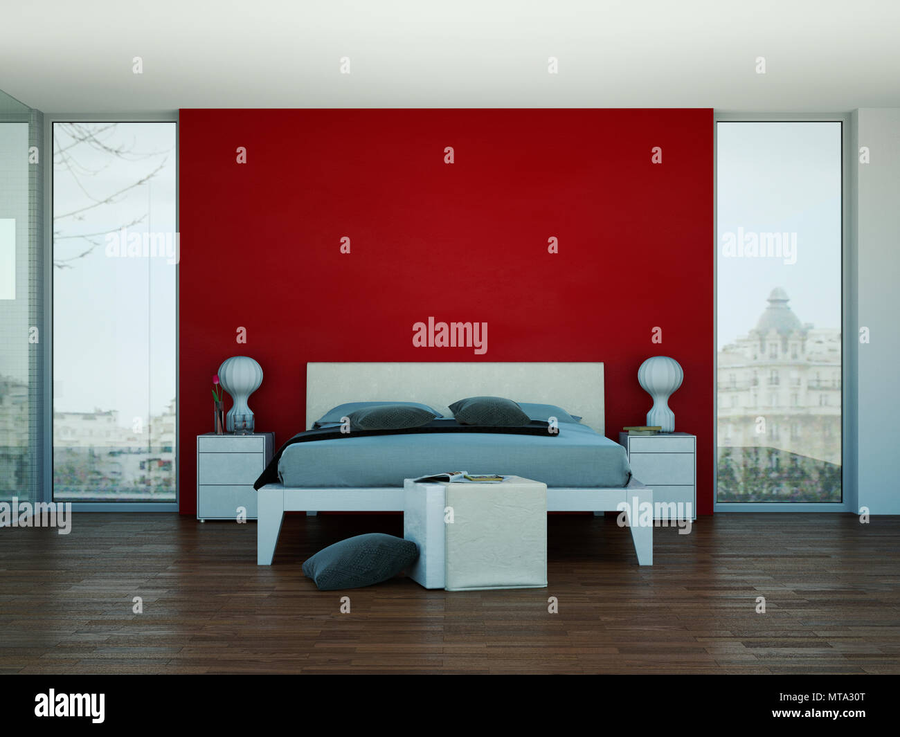 modern bedroom with red wall and modern decor Stock Photo - Alamy