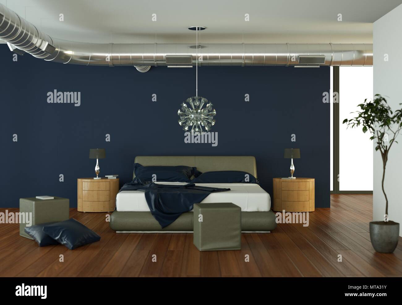 modern bedroom with blue wall and modern decor Stock Photo - Alamy