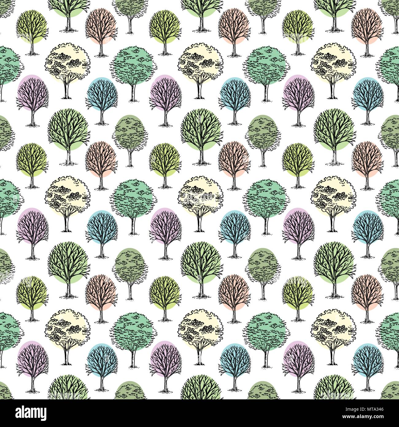 Vector pattern with trees and bushes on white background Stock Vector ...