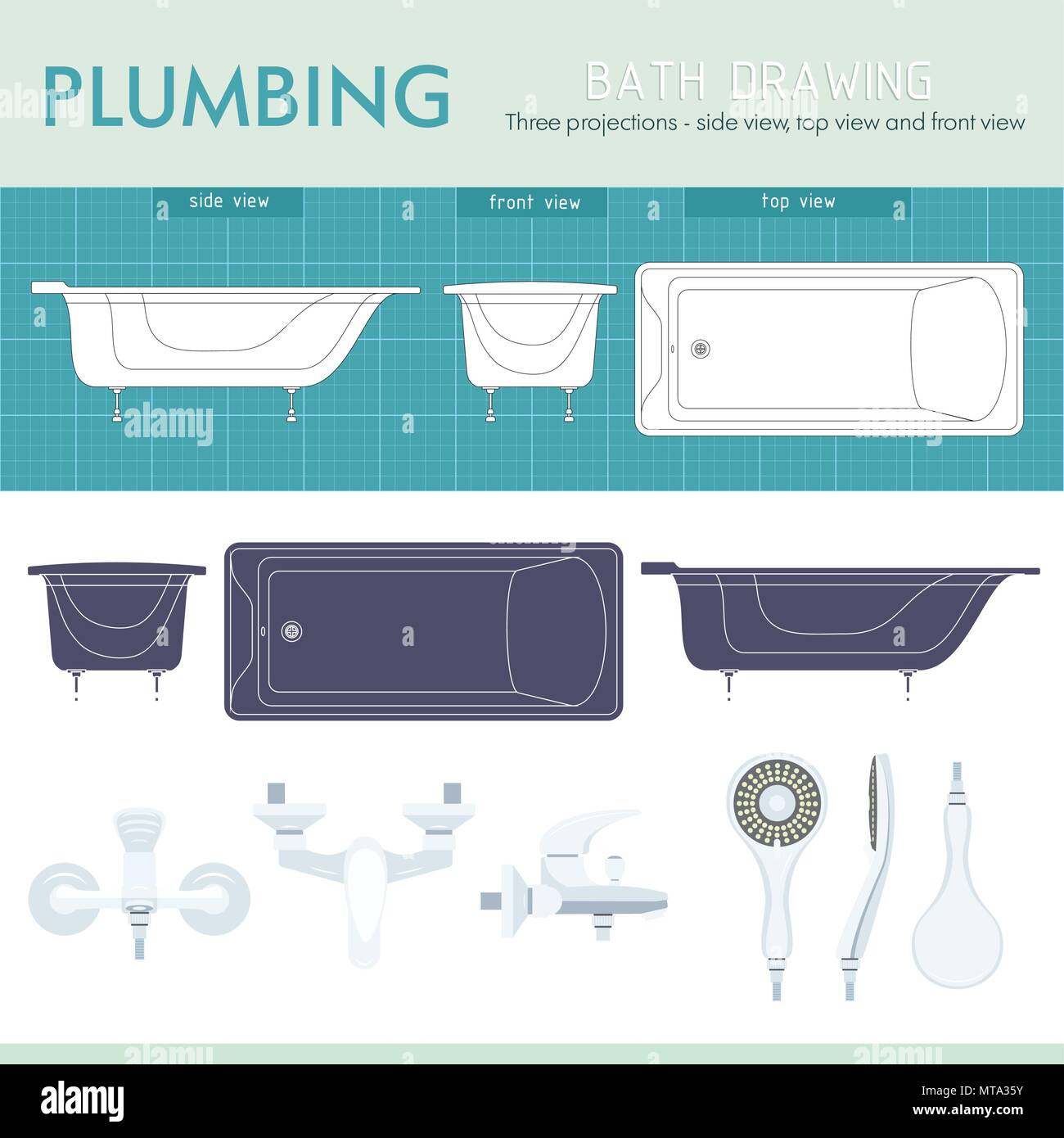 Bath and faucet silhouette. Front, side and top view Stock Vector Image ...