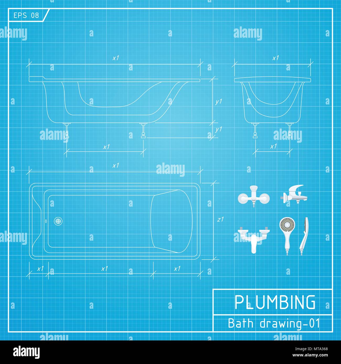 Bath outline. Front, side and top view. Vector illustration on ...