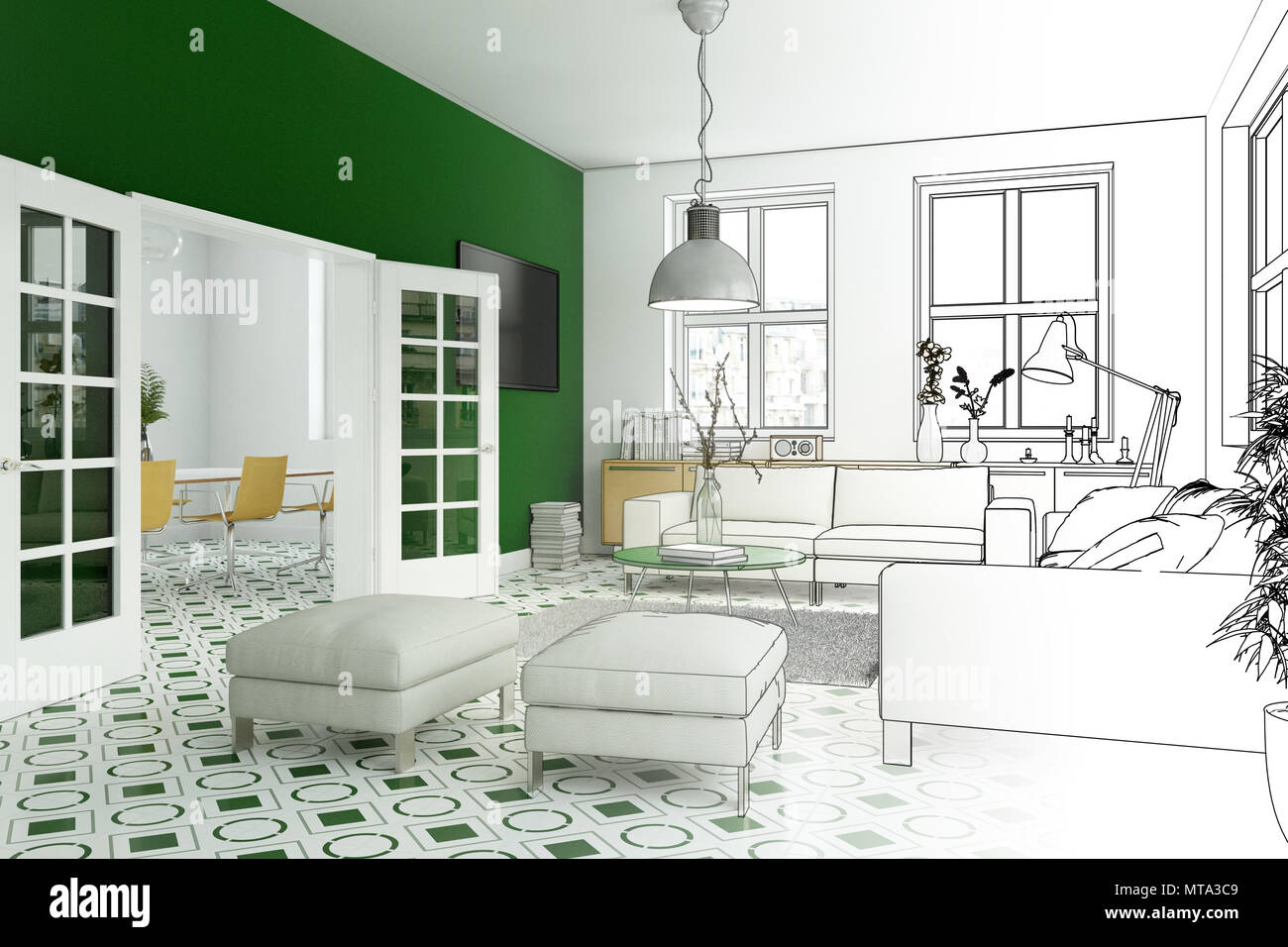 Interior Design Living Room Drawing Gradation Into Photograph Stock ...