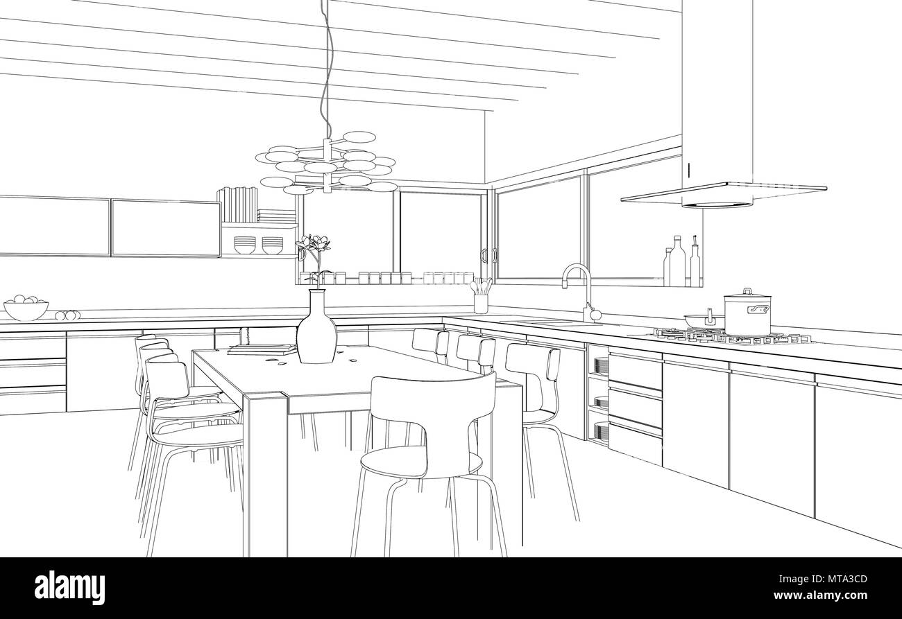 Interior Design modern Kitchen Drawing Plan Stock Photo - Alamy