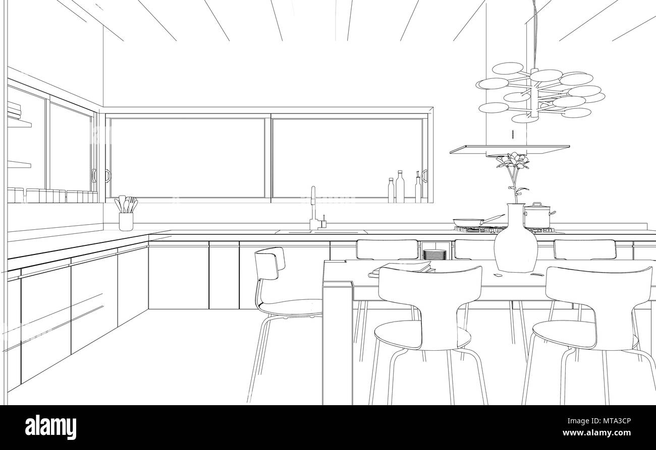 Interior Design modern Kitchen Drawing Plan Stock Photo - Alamy