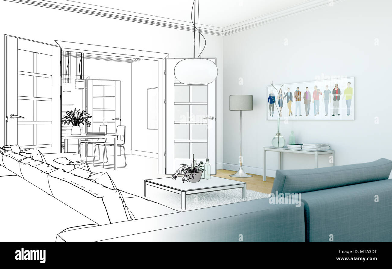 Interior Design Living Room Drawing Gradation Into Photograph Stock ...