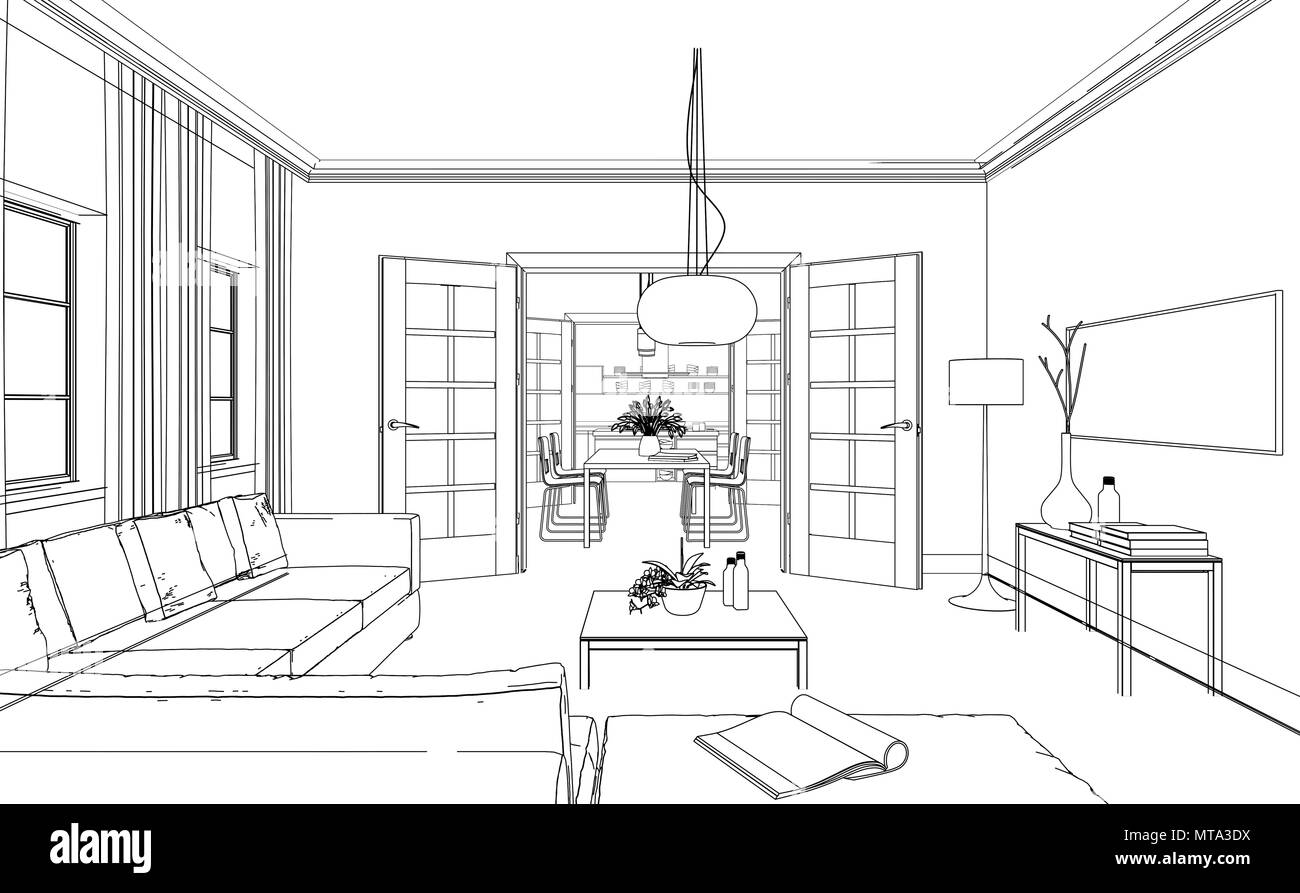Interior Design Living Room custom Drawing Stock Photo - Alamy