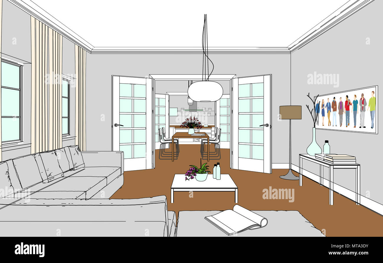 Interior Design Living Room custom Drawing Stock Photo - Alamy