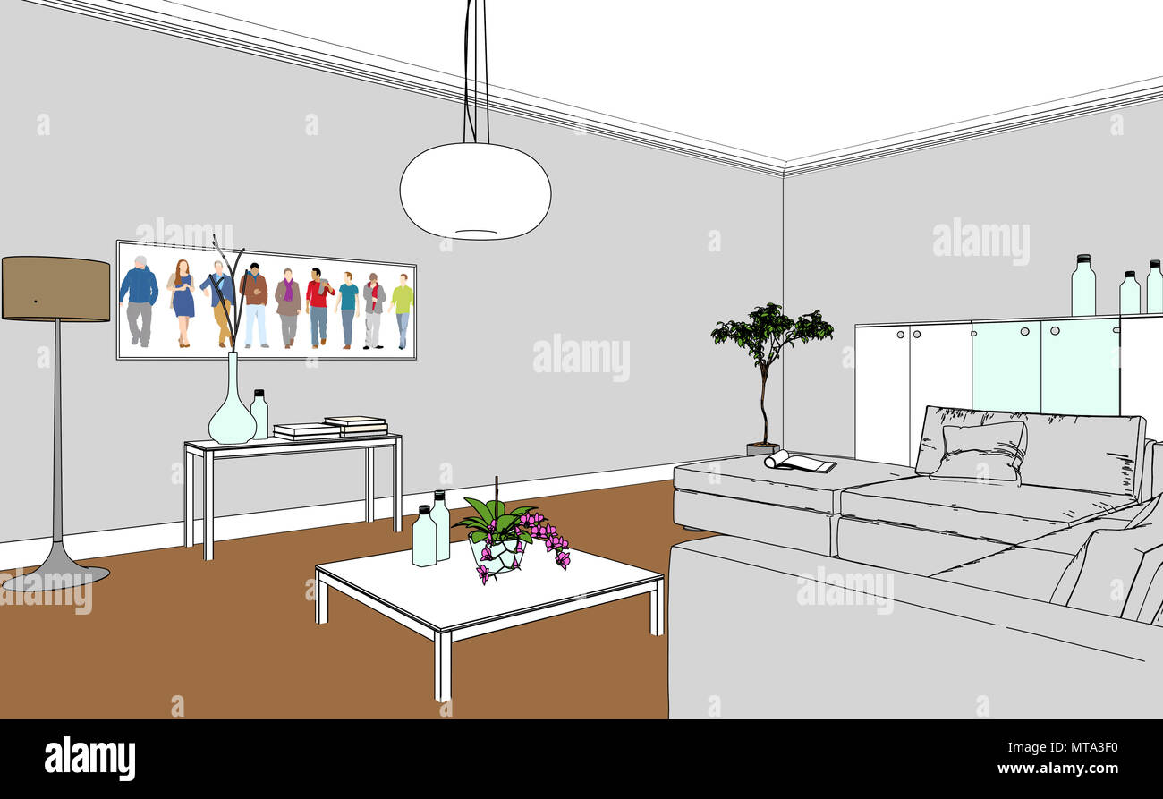Interior Design Living Room custom Drawing Stock Photo - Alamy