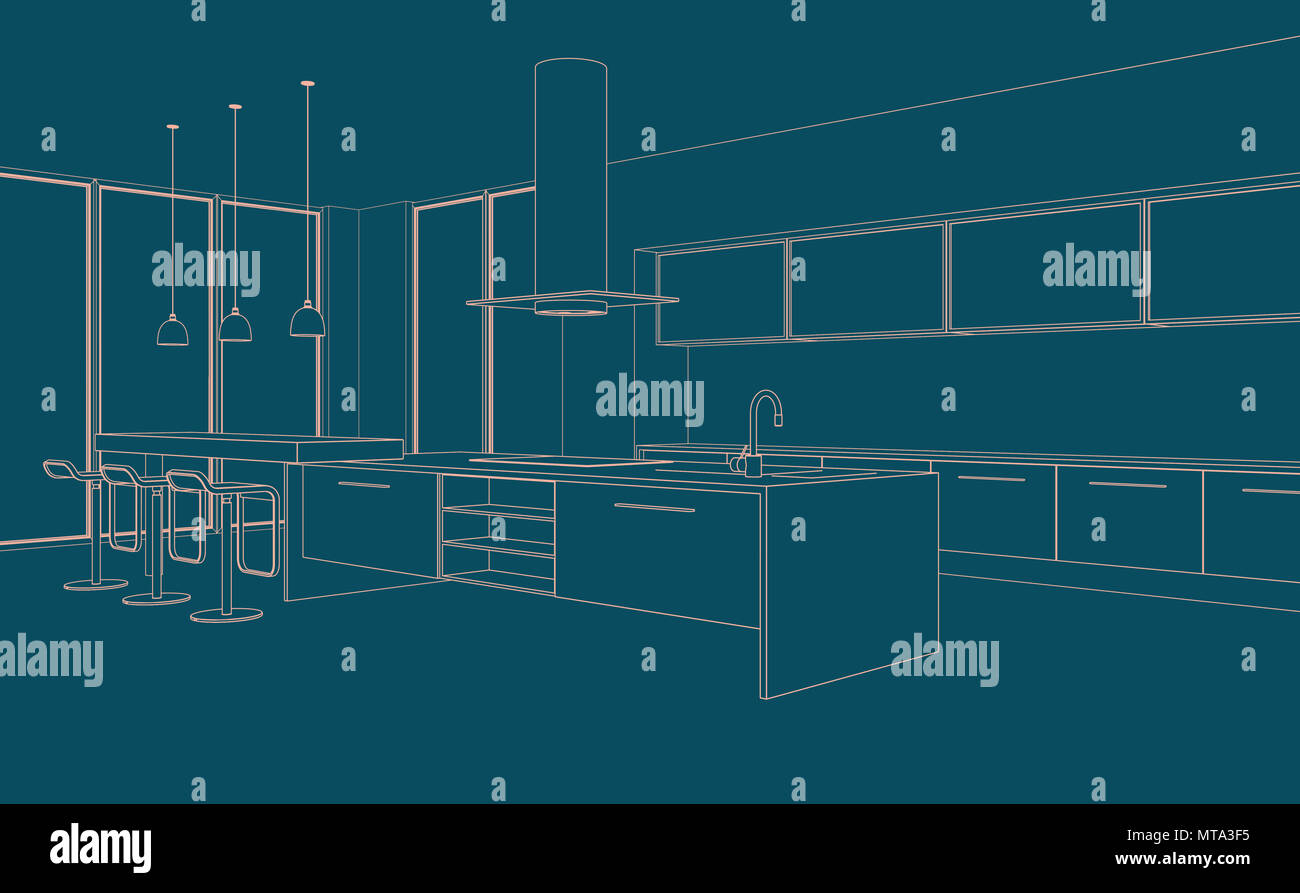 Interior Design modern Kitchen Drawing Plan Stock Photo - Alamy