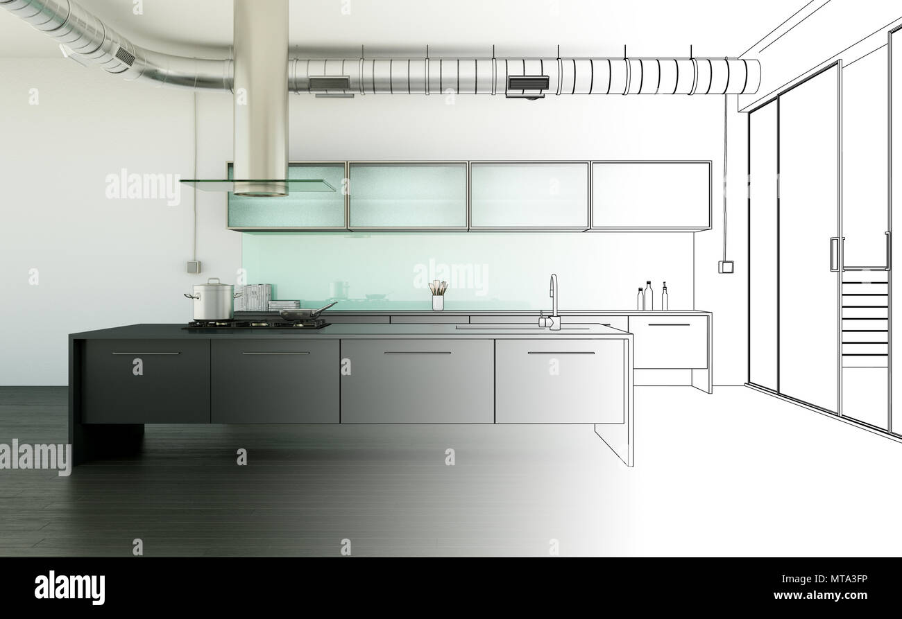 Interior Design Kitchen Drawing Gradation Into Photograph Stock Photo ...