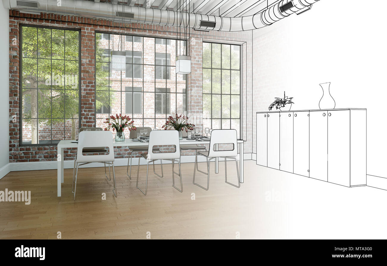 Interior Design Dining Room Drawing Gradation Into Photograph Stock ...