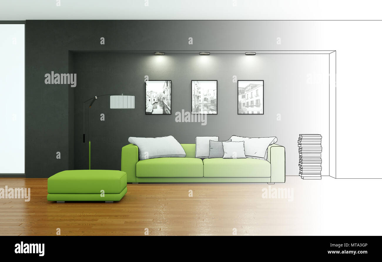 Interior Design Living Room Drawing Gradation Into Photograph Stock ...