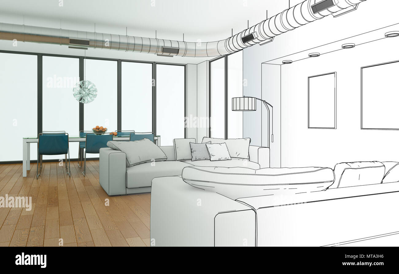 Interior Design Living Room Drawing Gradation Into Photograph Stock ...