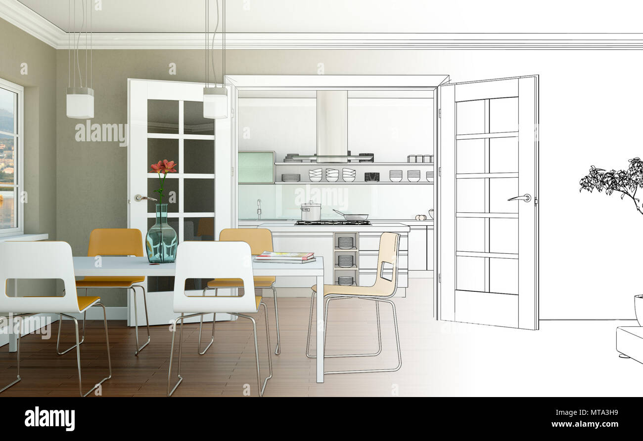 Interior Design Living Room Drawing Gradation Into Photograph Stock ...