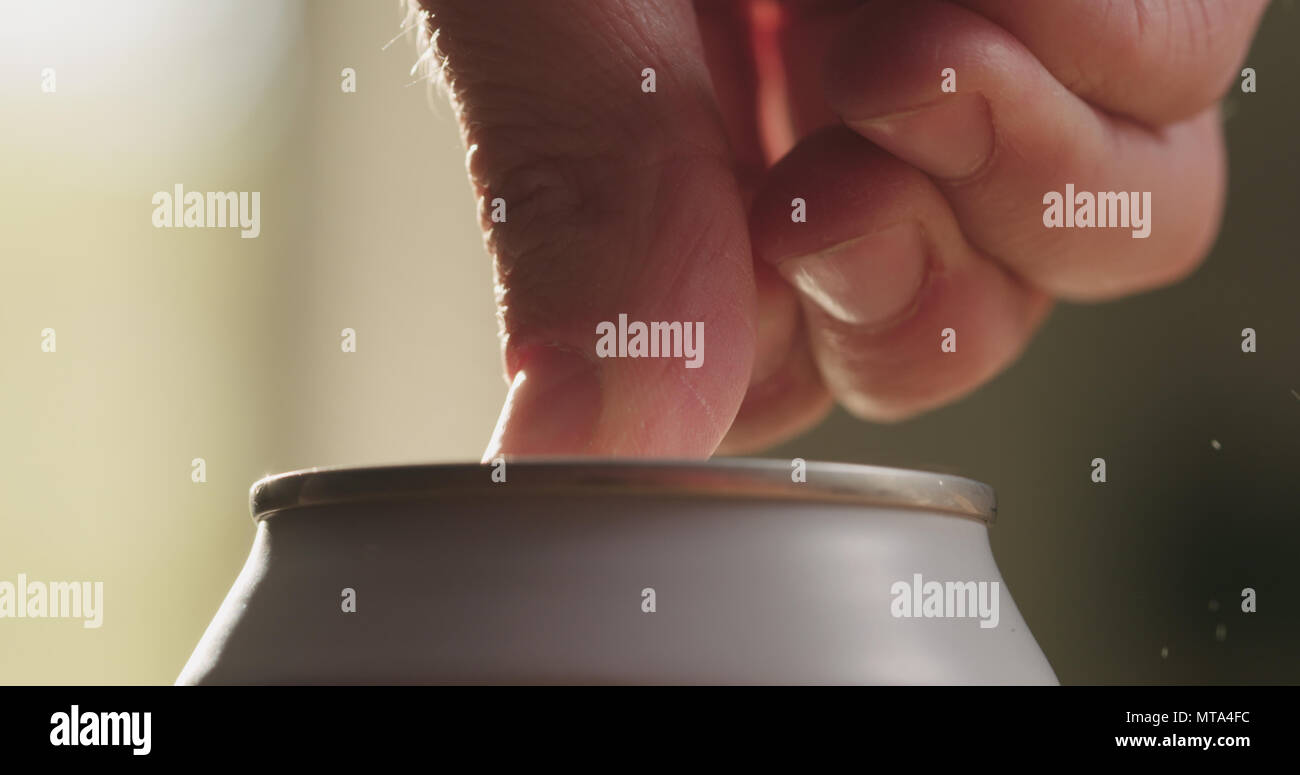 closeup man hand open white can with beverage, wide photo Stock Photo ...
