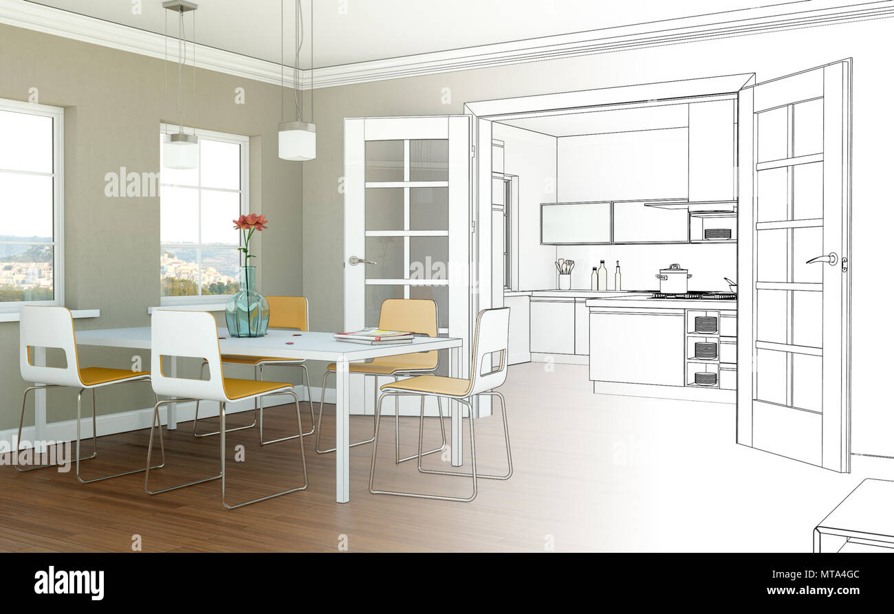 Interior Design Living Room Drawing Gradation Into Photograph Stock ...