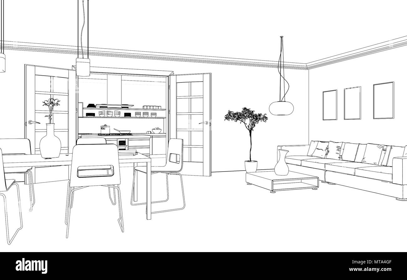 Interior Design Living Room custom Drawing Stock Photo - Alamy