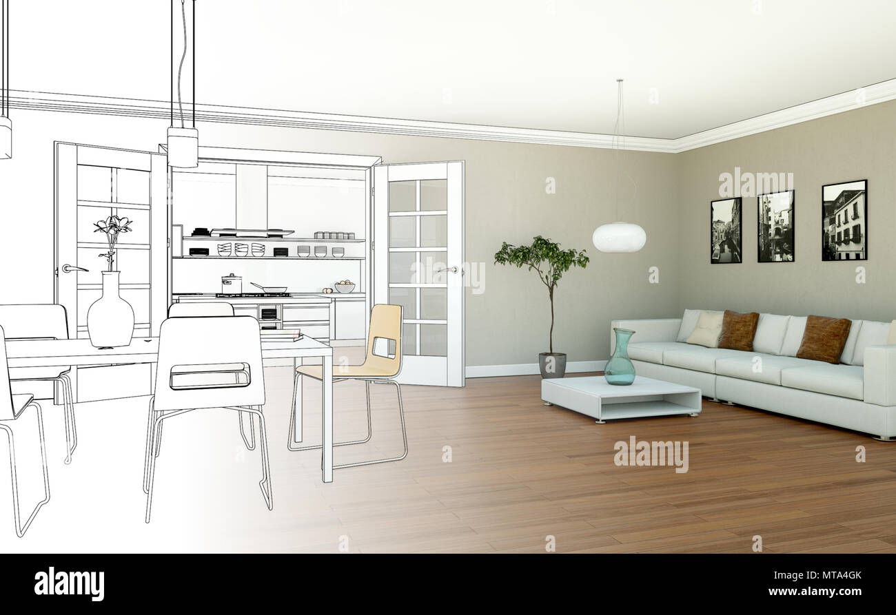 Interior Design Living Room Drawing Gradation Into Photograph Stock ...