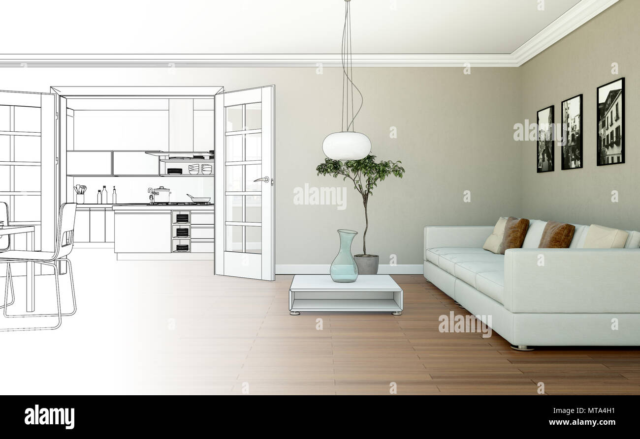 Interior Design Living Room Drawing Gradation Into Photograph Stock ...