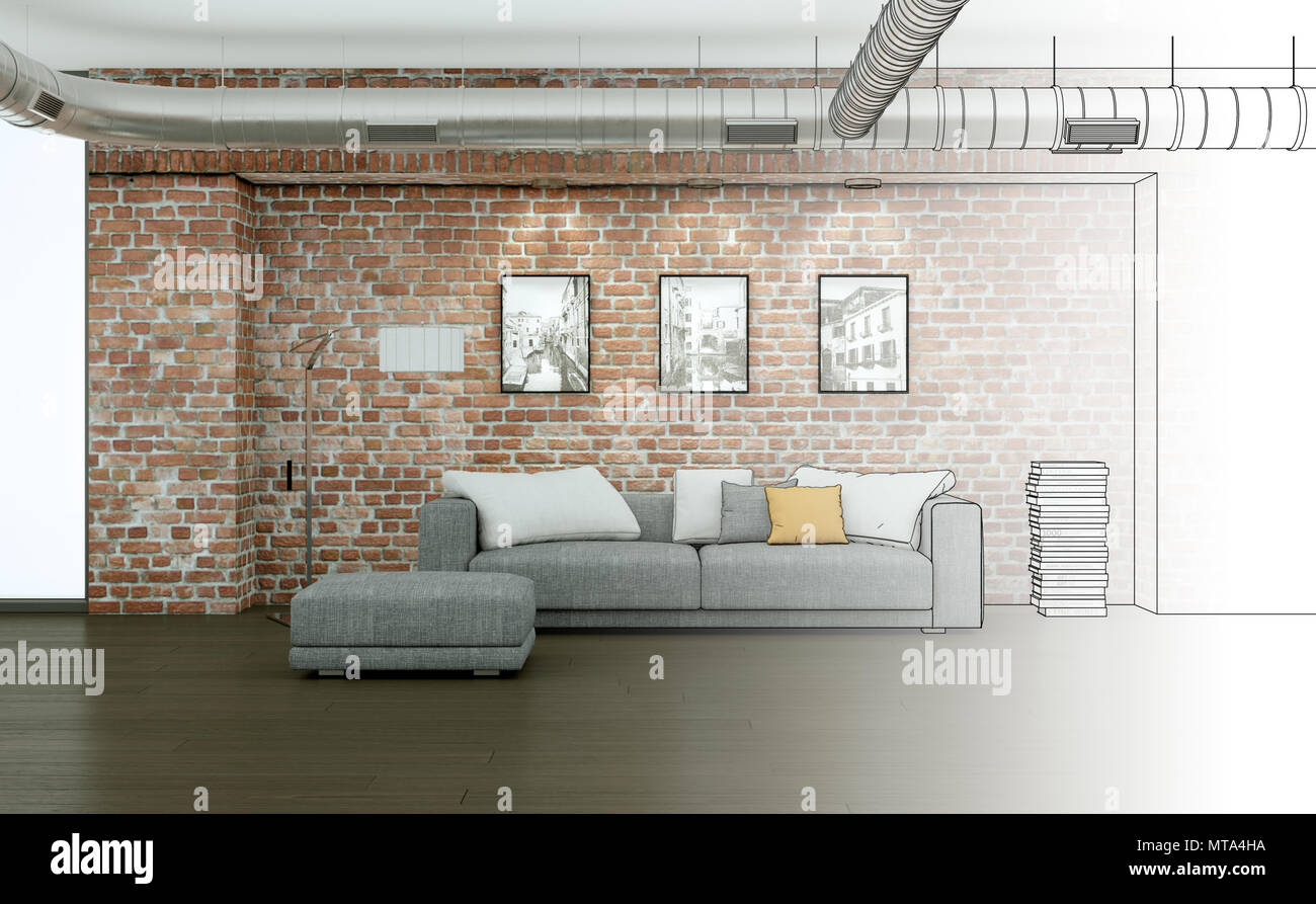 Interior Design Living Room Drawing Gradation Into Photograph Stock ...