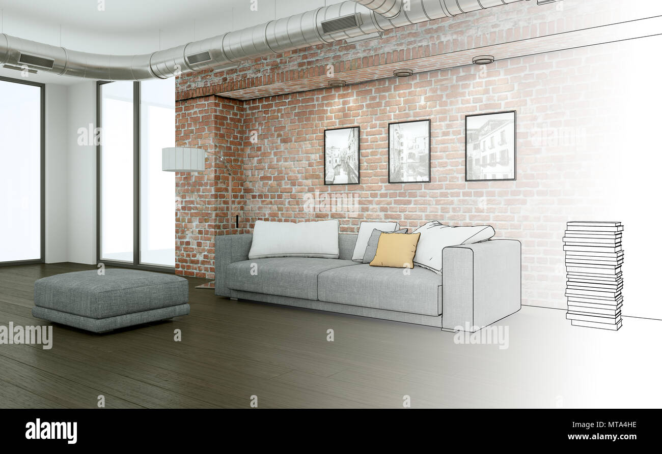 Interior Design Living Room Drawing Gradation Into Photograph Stock ...