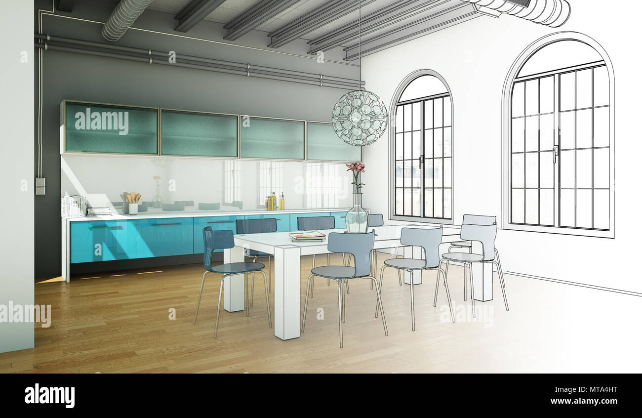 Interior Design Kitchen Drawing Gradation Into Photograph Stock Photo ...