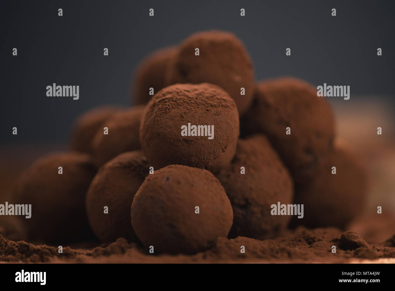 craft chocolate truffles on wooden board with cocoa powder, shallow ...