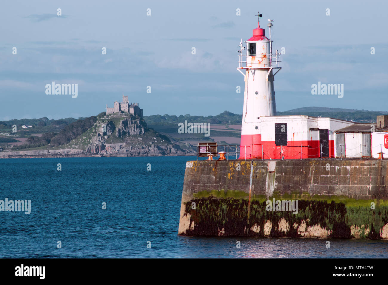 Newlyn Lighthouse and St Michael's Mount, Cornwall UK Stock Photo - Alamy