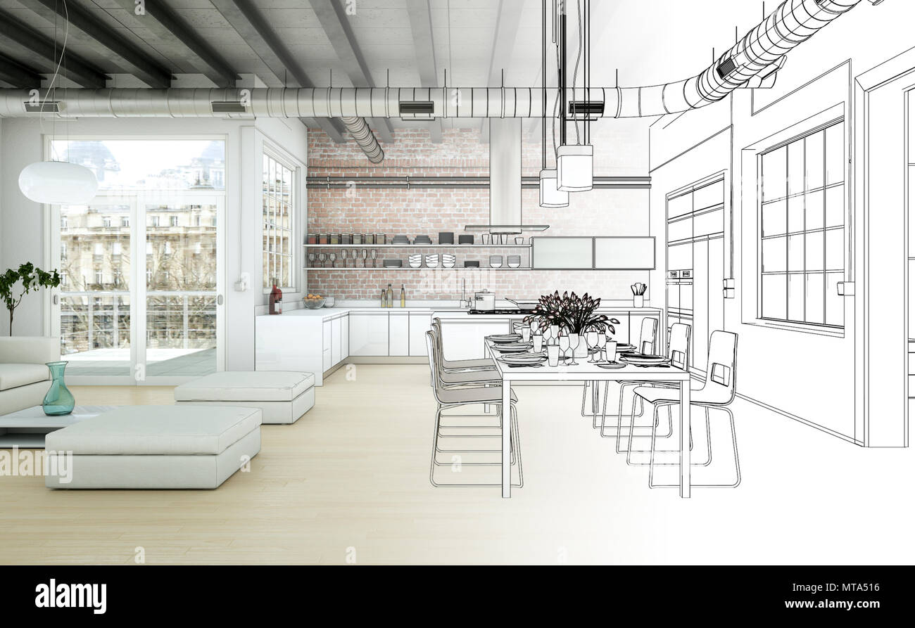 Interior Design Living Room Drawing Gradation Into Photograph Stock ...