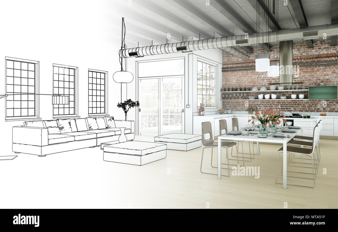 Interior Design Living Room Drawing Gradation Into Photograph Stock ...