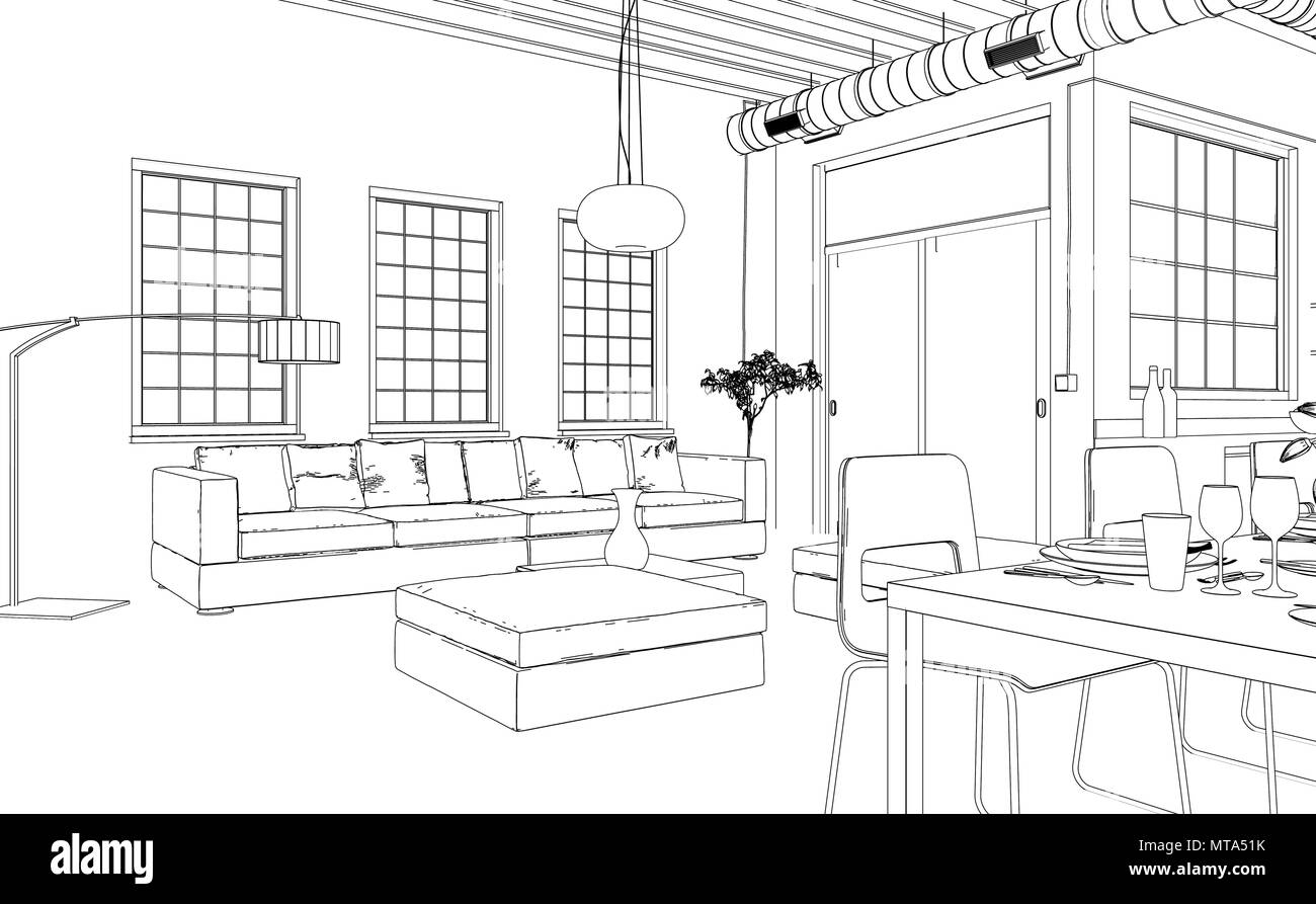 Interior Design Living Room custom Drawing Stock Photo - Alamy