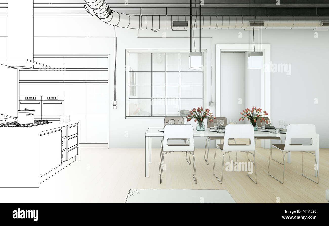 Interior Design Living Room Drawing Gradation Into Photograph Stock ...