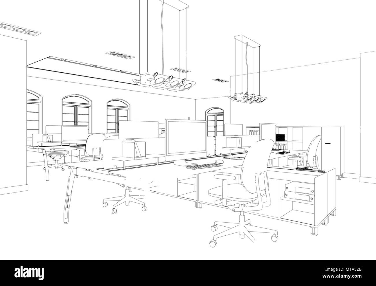 Interior Design big Office Room with desks custom Drawing Stock Photo ...
