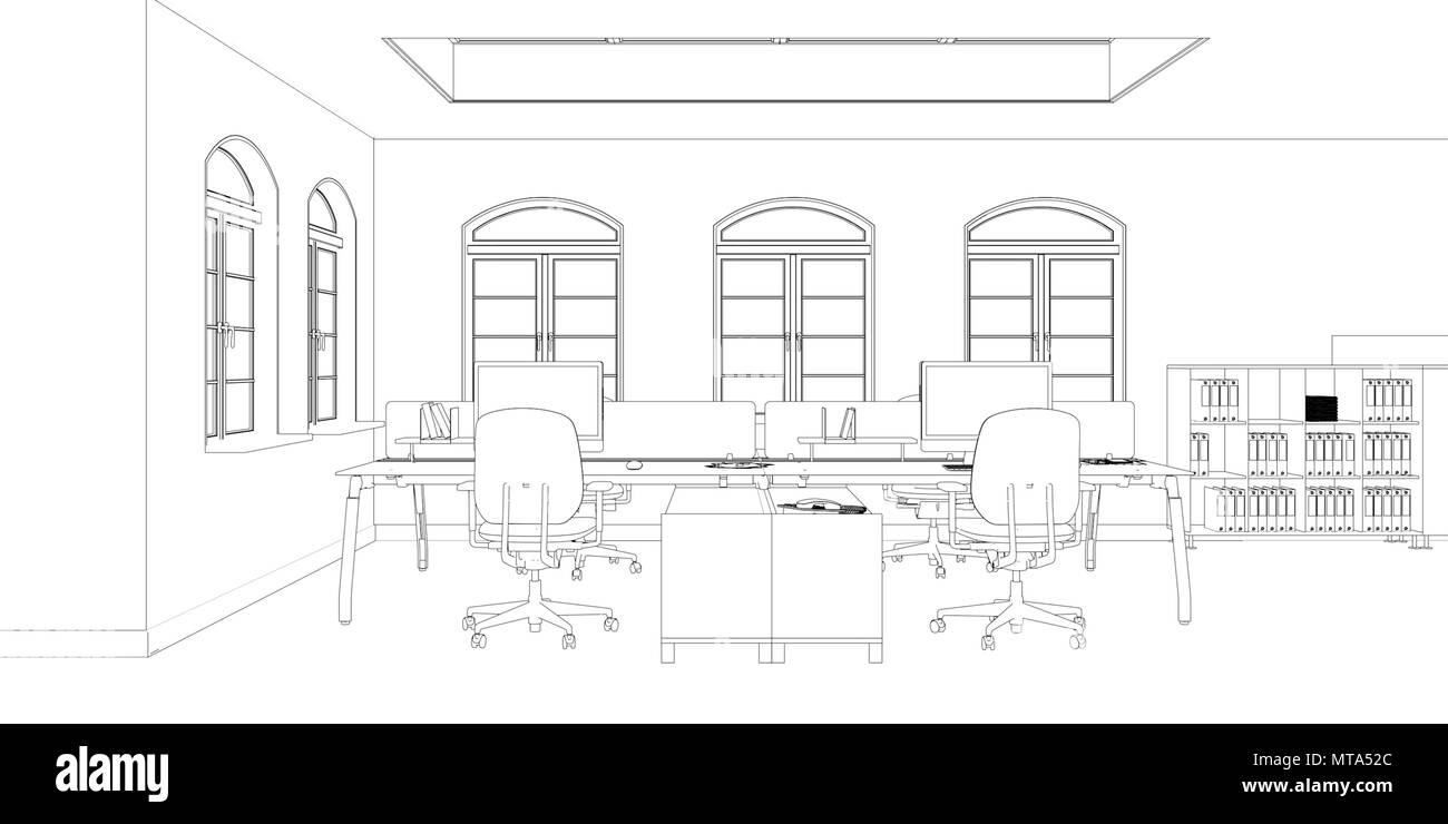 Interior Design big Office Room with desks custom Drawing Stock Photo ...