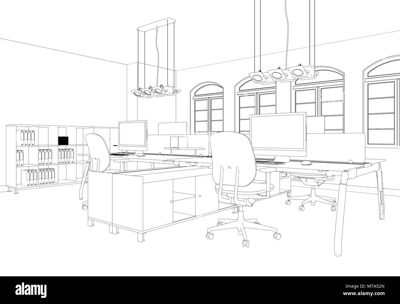 Interior Design big Office Room with desks custom Drawing Stock Photo ...