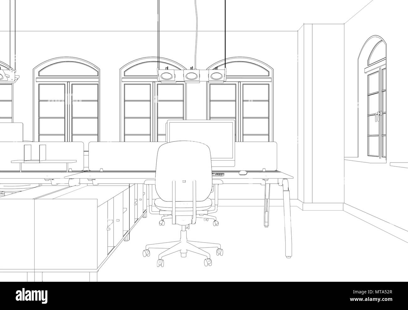 Interior Design big Office Room with desks custom Drawing Stock Photo ...